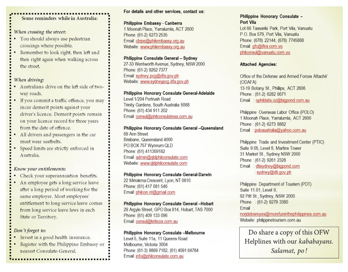 OFW Helplines in Australia | Philippine Embassy of Canberra Australia