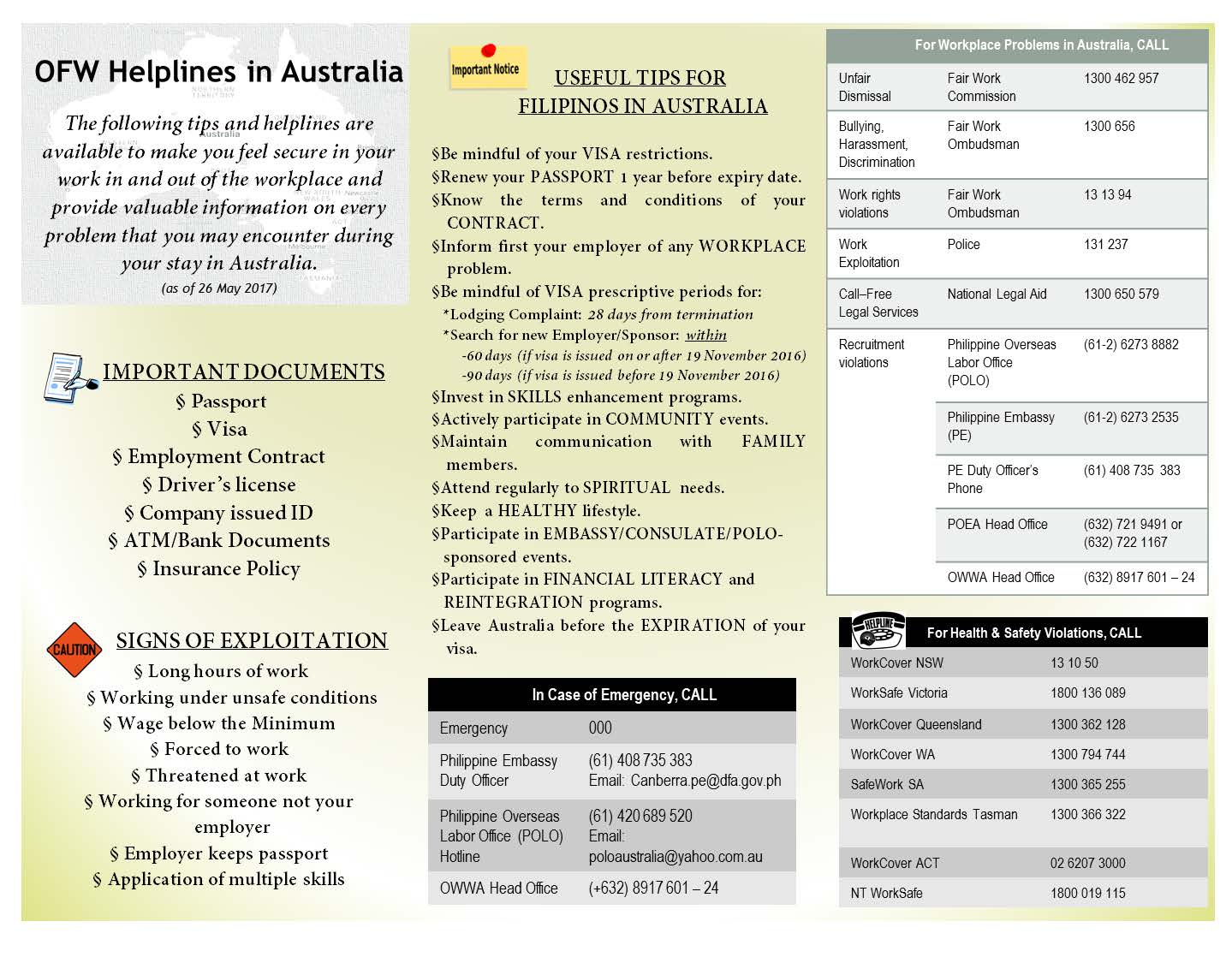 OFW Helplines in Australia | Philippine Embassy of Canberra Australia